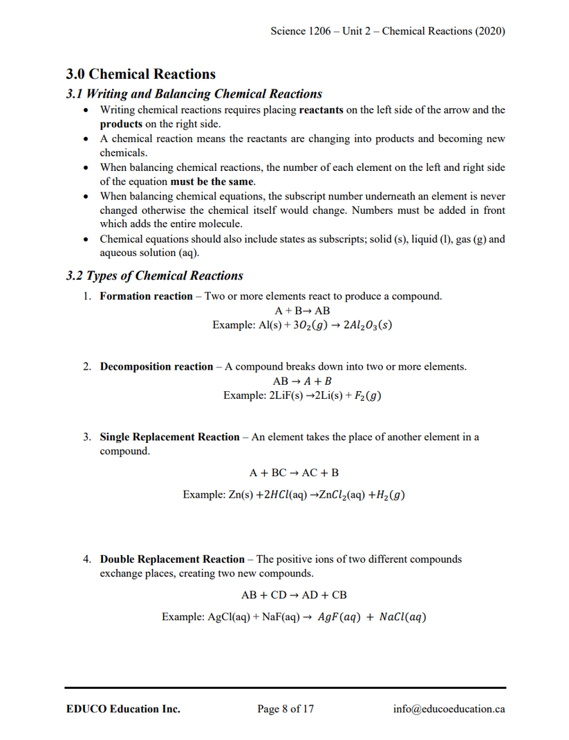 Unit 2: Chemical Reactions - Science 1206 (Digital Download) – EDUCO ...